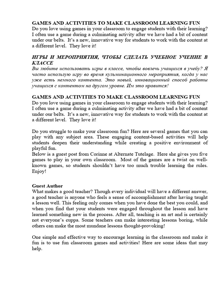 Games and Activities To Make Classroom Learning Fun | PDF | English As ...