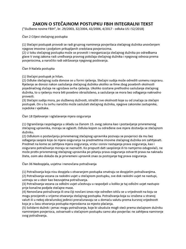 ZAKON O STEČAJNOM POSTUPKU FBiH | PDF