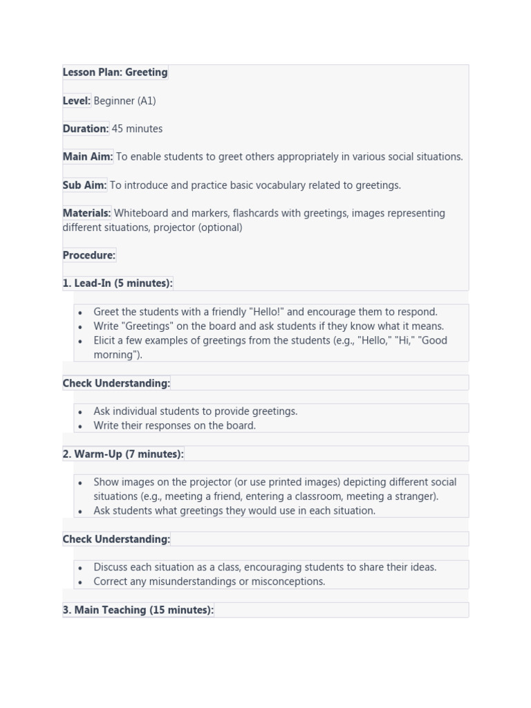Lesson Plan - Greeting | PDF