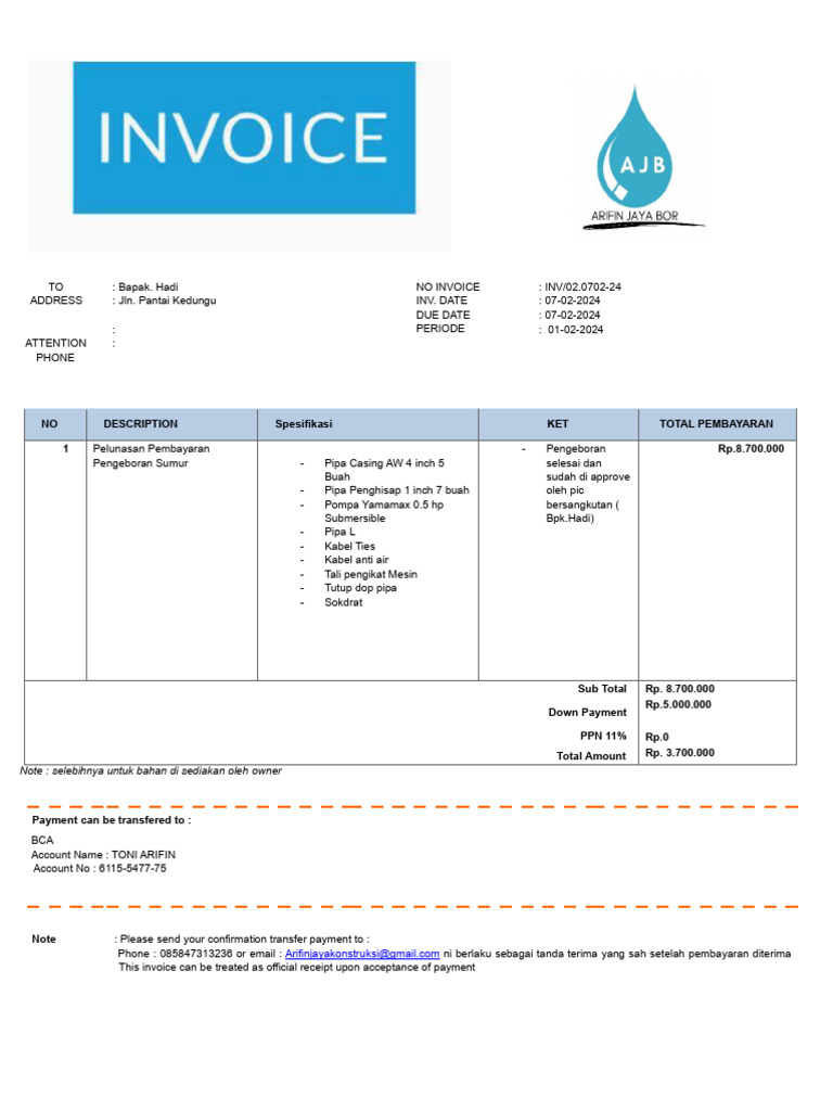 Invoice Pelunasan Pengeboran Sumur | PDF
