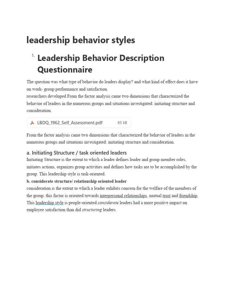 Leadership Behavior Styles | PDF | Leadership | Psychology