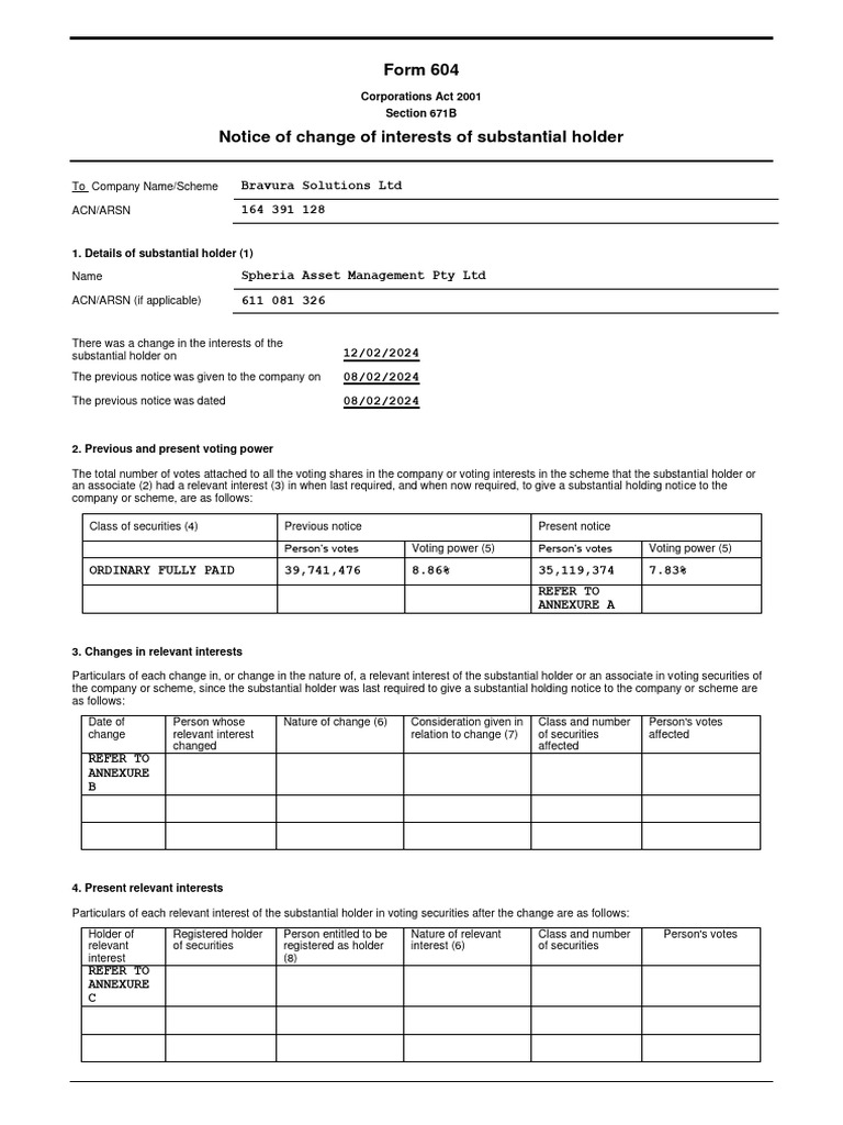 Form 604: Bravura Solutions LTD 164 391 128 | PDF | Securities (Finance ...