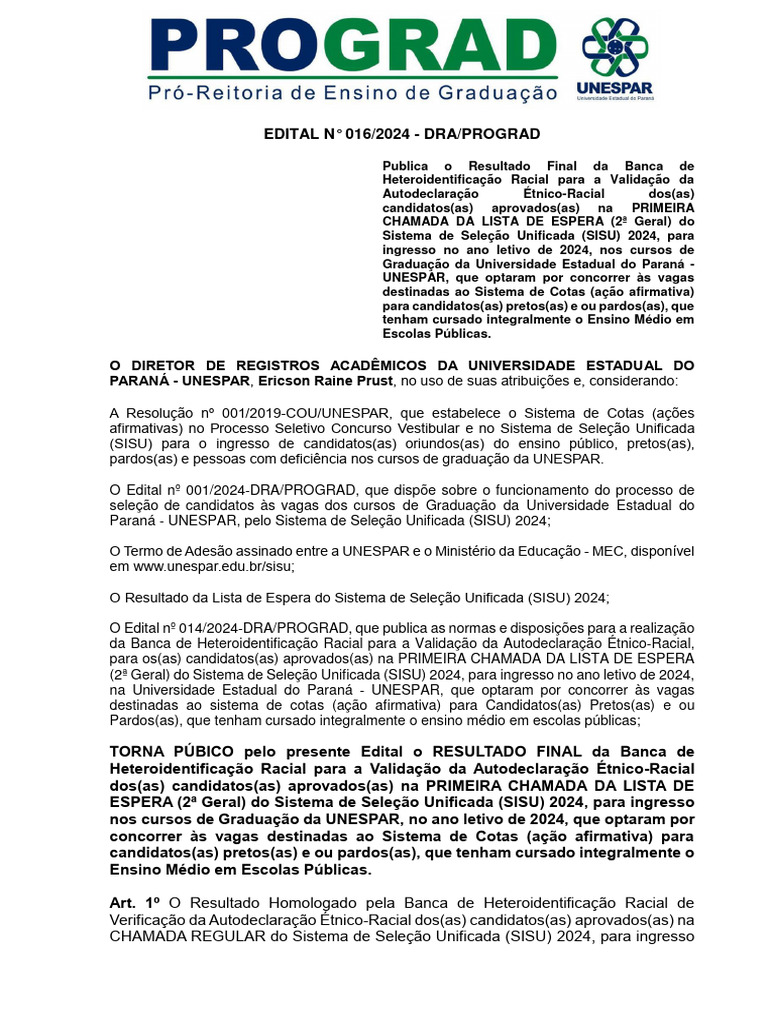 Edital Ndeg 016 2024 Dra Prograd Publica o Resultado Final Da Banca de ...