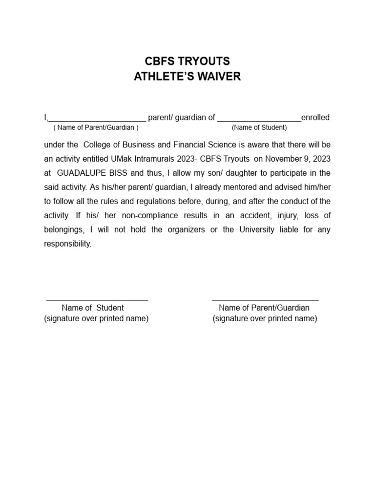 CBFS Tryout Athlete Waiver Form | PDF | Wellness