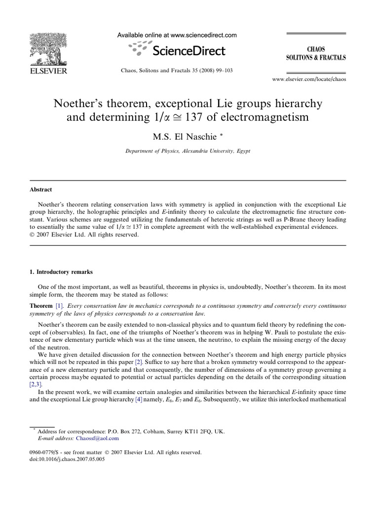 Noether's Theorem, Exceptional Lie Groups Hierarchy and Determining 1/a 137 of Electromagnetism ...