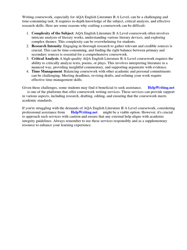 Aqa English Literature B A Level Coursework | Download Free PDF ...