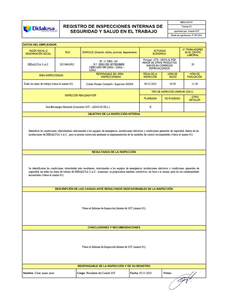 2023.11.02 - Informe de Inspección Interna SST | PDF | Enchufes y tomas de corriente alterna ...