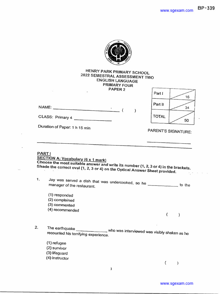 2022-P4-English-Semestral Assessment 2-Henry Park | PDF