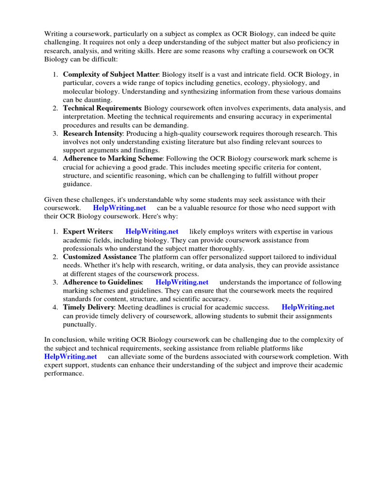 Ocr Biology Coursework Mark Scheme | PDF | Expert