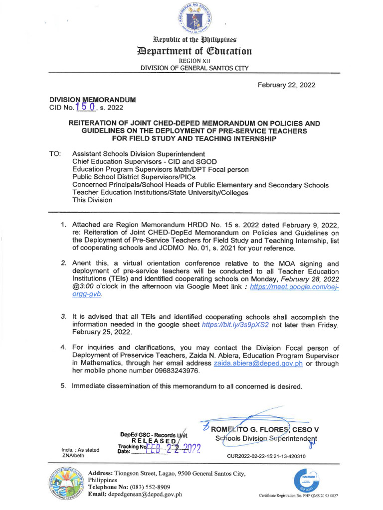 Division Memo 150 s.2022 Reiteration of Joint Ched Deped Memorandum On Policies and Guidelines ...