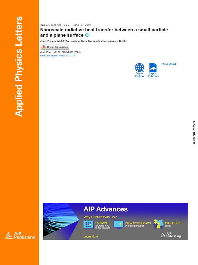 Nanoscale Heat Transfer Between Particle and Surface | PDF ...