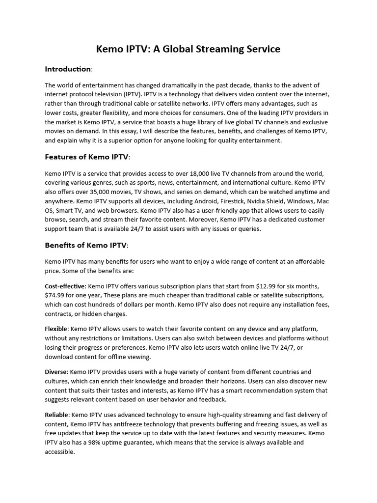 Kemo IPTV: A Global Streaming Service | PDF | Video On Demand | Streaming Media