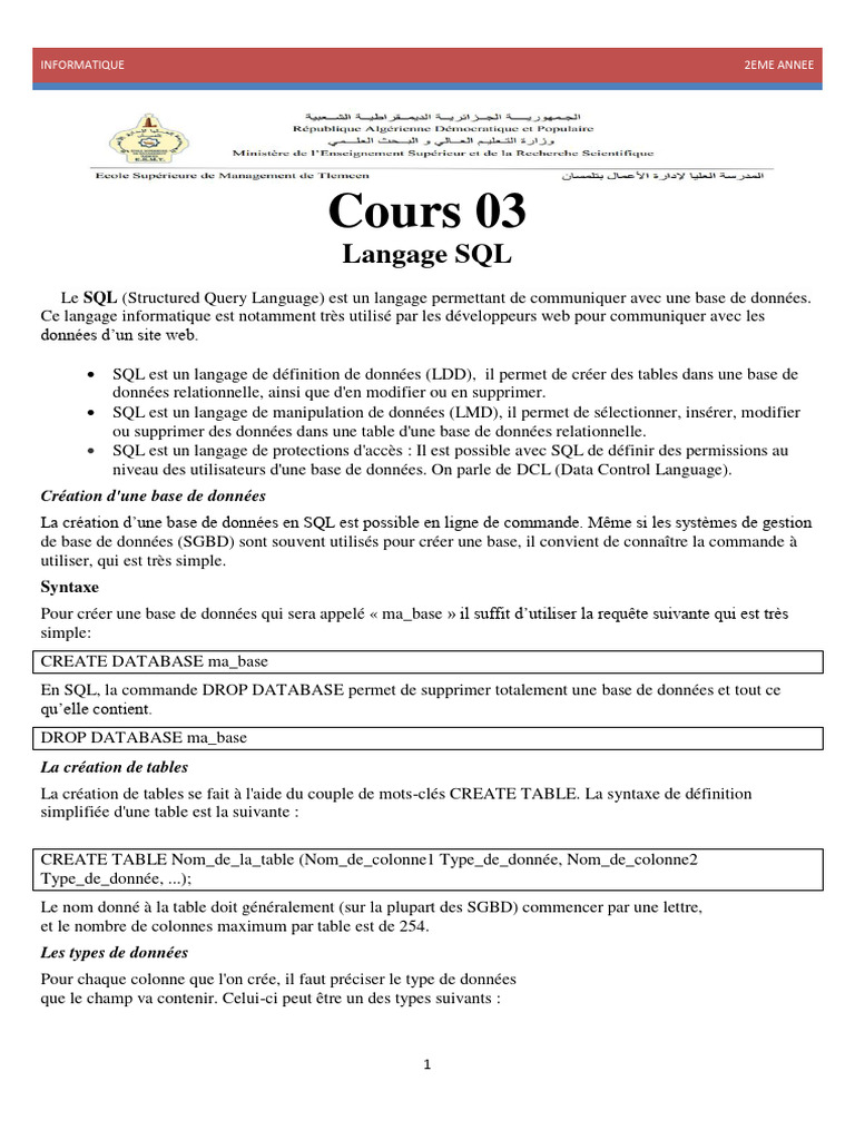 Cours 3 Informatique (2eme Année - Semestre 2) | PDF | SQL | Bases de données