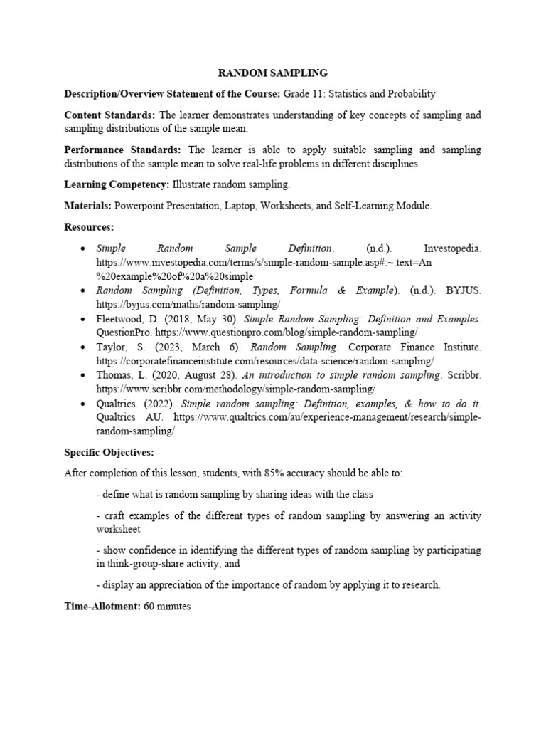 Random Sampling 5es LP | PDF | Sampling (Statistics) | Stratified Sampling