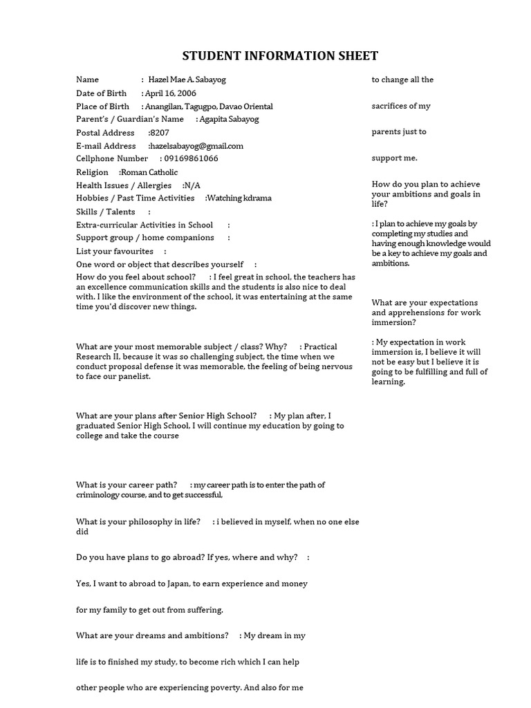 Student Information Sheet | PDF | Cognition | Behavior Modification