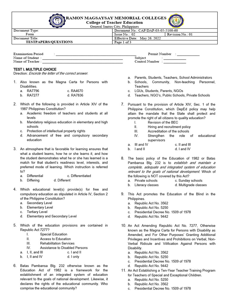 Midterm PCFG3 Exam | PDF | Special Education | Inclusion (Education)
