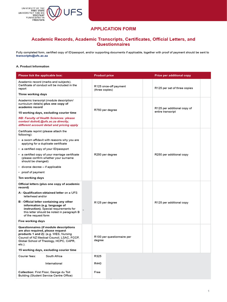 Ufs Transcript Request Form Fillabl0 | PDF