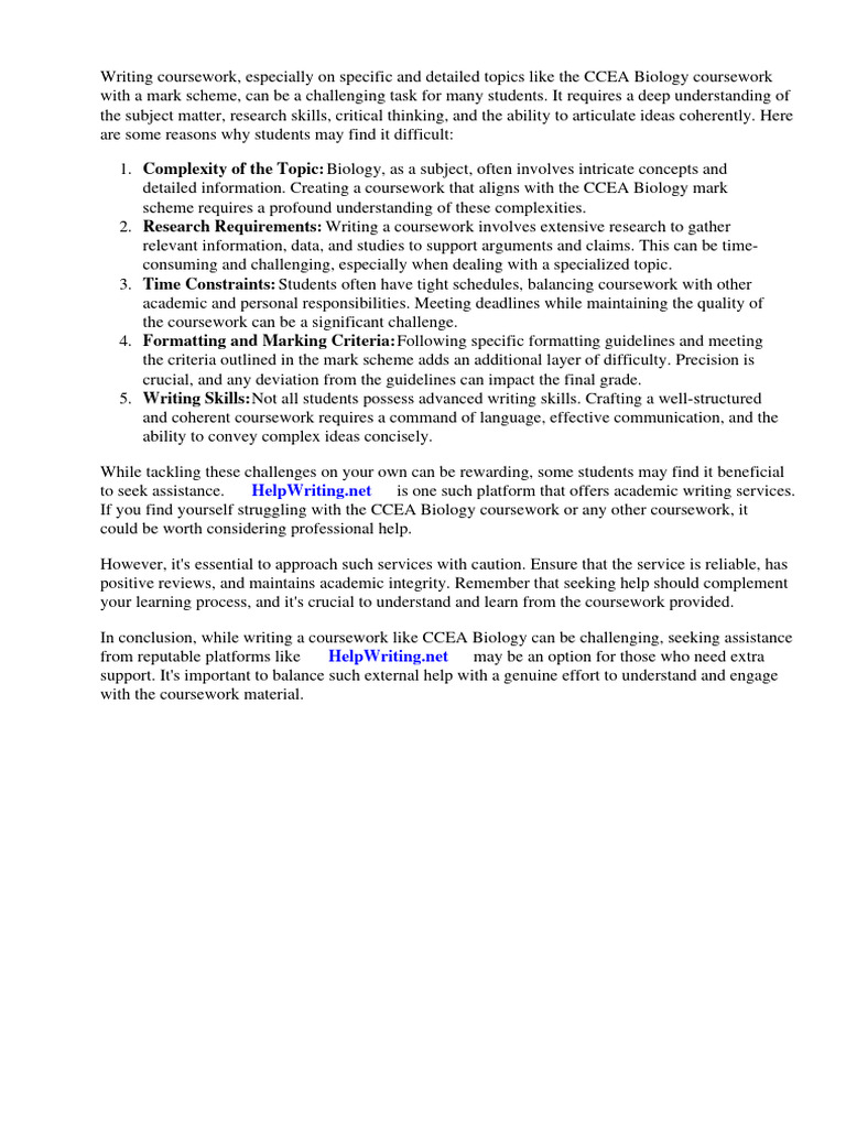 Ccea Biology Coursework Mark Scheme | PDF