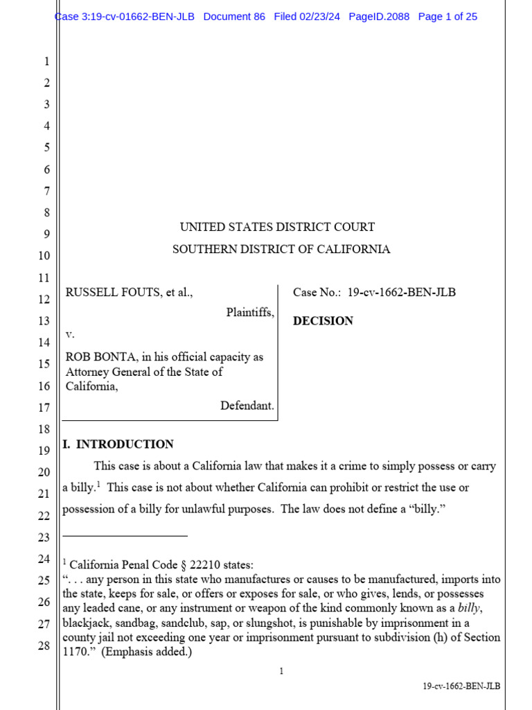 Court Strikes Down Ban On Billy Clubs: Judge Roger Benitez's Decision in Fouts v. Bonta (S.D ...