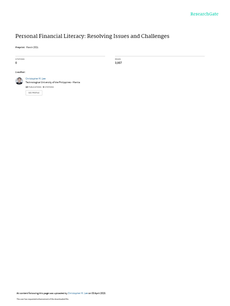 Personal Financial Literacy: Resolving Issues and Challenges | PDF ...