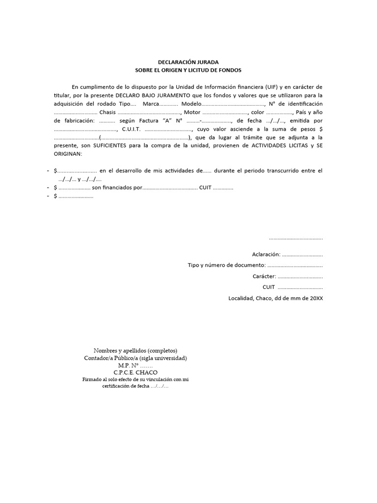 Certificación de Origen de Fondos para Vehículos | PDF | Contador ...