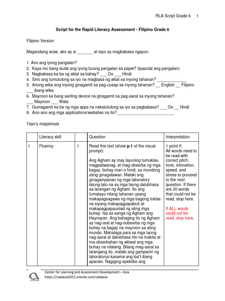 Grade 6 - RLA - Filipino | PDF