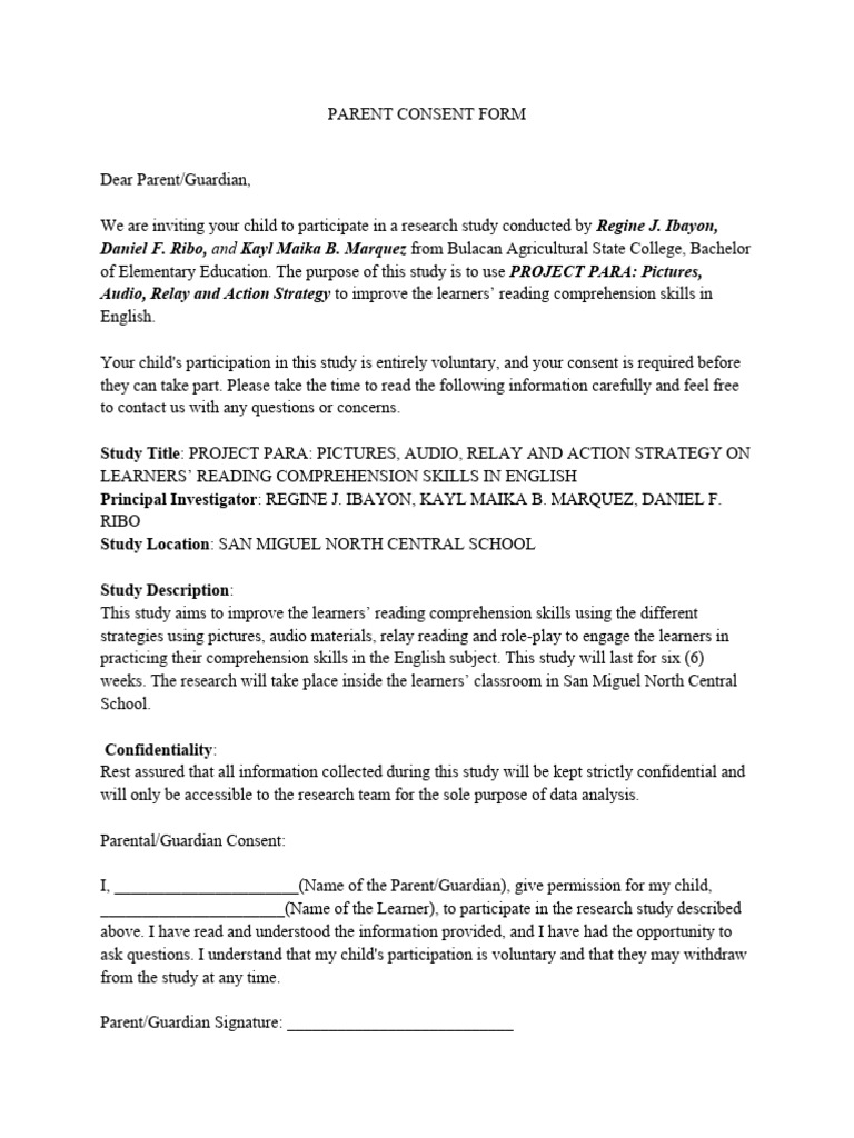 Parent Consent Form | Download Free PDF | Reading Comprehension | Cognition