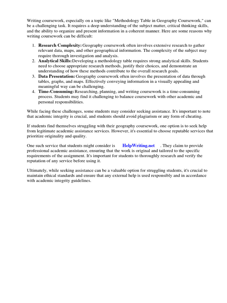 Methodology Table Geography Coursework | PDF