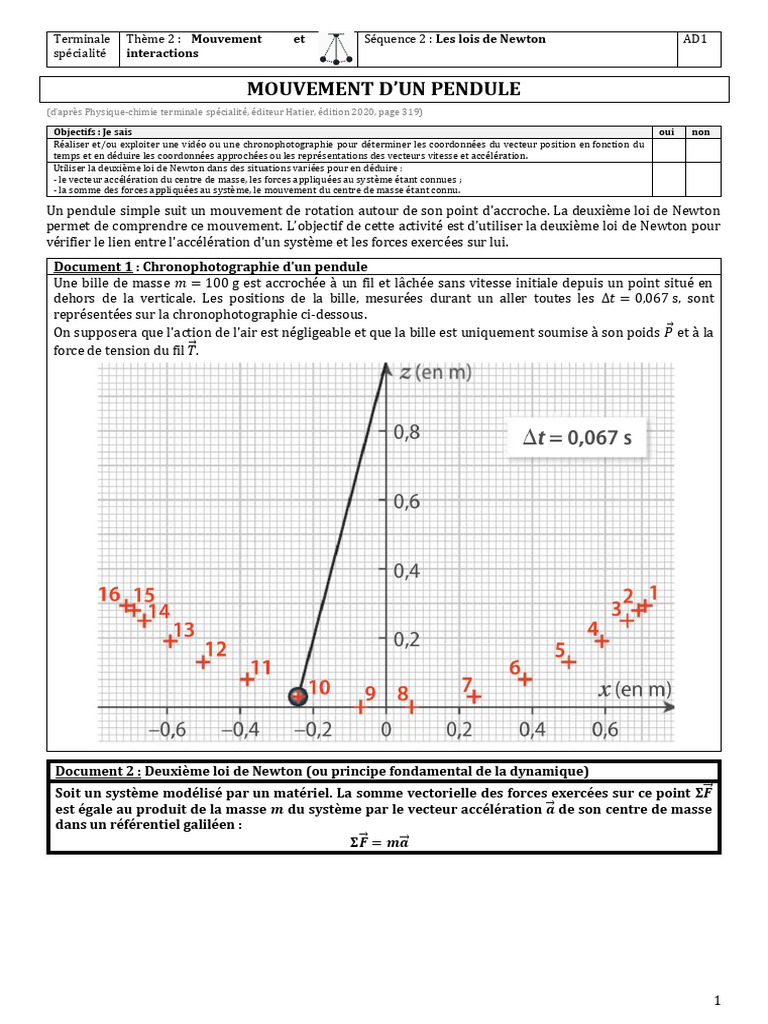 AD1 Mouvement Pendule Correction Eleve | PDF | Lois du mouvement de Newton | Masse