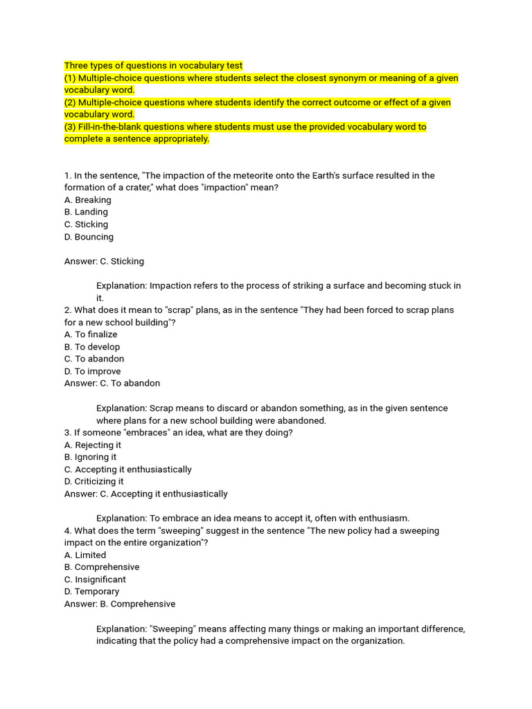 Vocabulary Test Question Types | PDF | Psychology | Cognition
