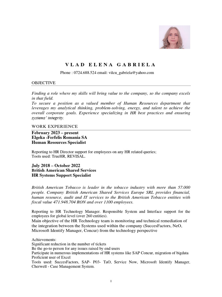 CV - Gabriela Vlad - HR Generalist-1 | PDF | Human Resource Management ...