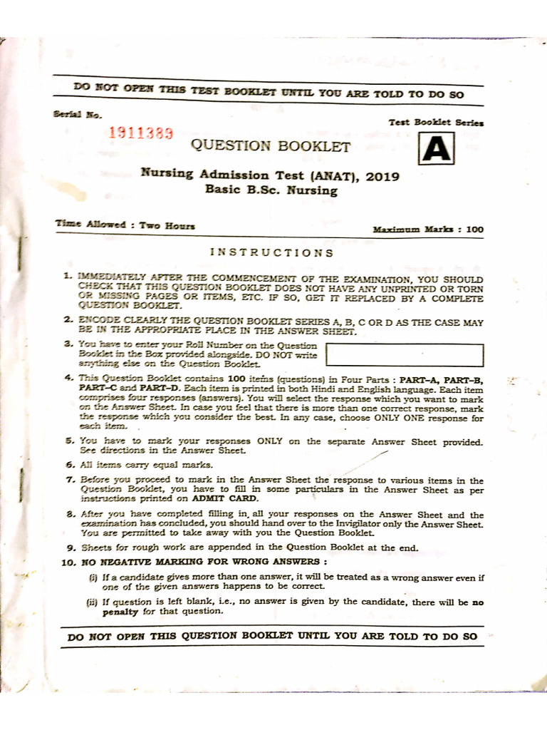 BSC Nursing Entrance Exam Question 2019 | PDF