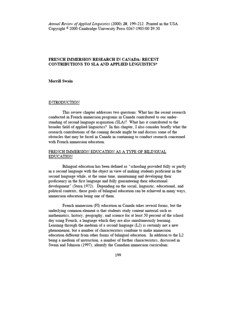 French Immersion Research in Canada: Recent Contributions To Sla and ...