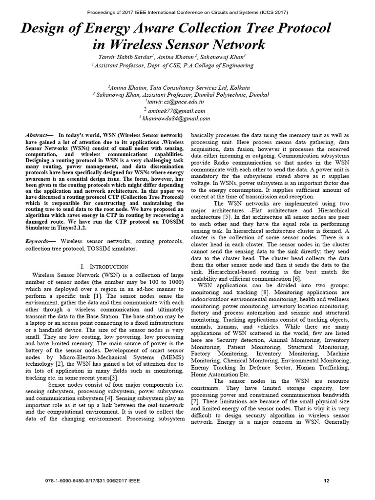 Design Of Energy Aware Collection Tree Protocol In Wireless Sens 2017 Pdf Wireless Sensor