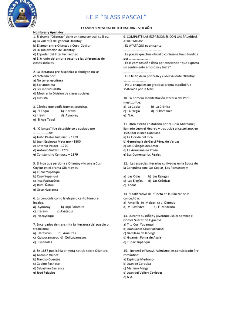 Examen Iv Bim 5to Año | PDF | Perú