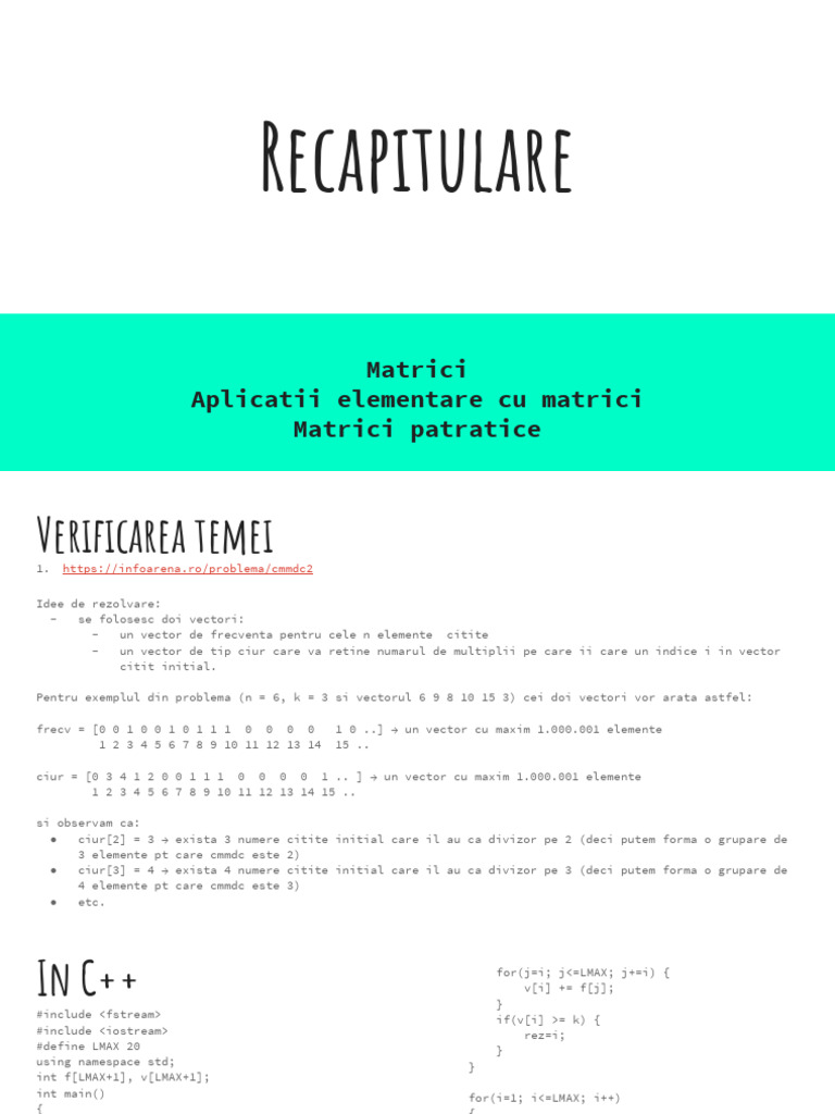 Recapitulare: Matrici Aplicatii Elementare Cu Matrici Matrici Patratice | PDF