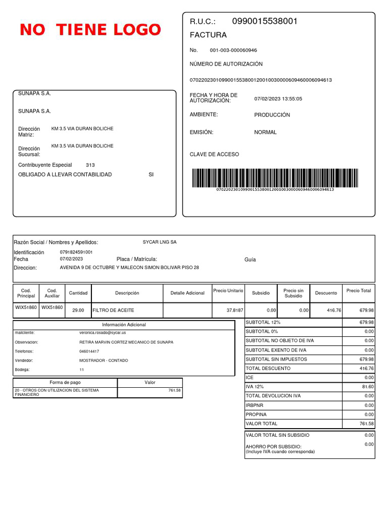 Factura SUNAPA S.A. para SYCAR LNG SA | PDF | Impuesto al valor ...