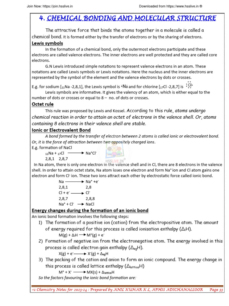 XI CH 4 Chemistry Notes by Ak | PDF | Ionic Bonding | Chemical Polarity