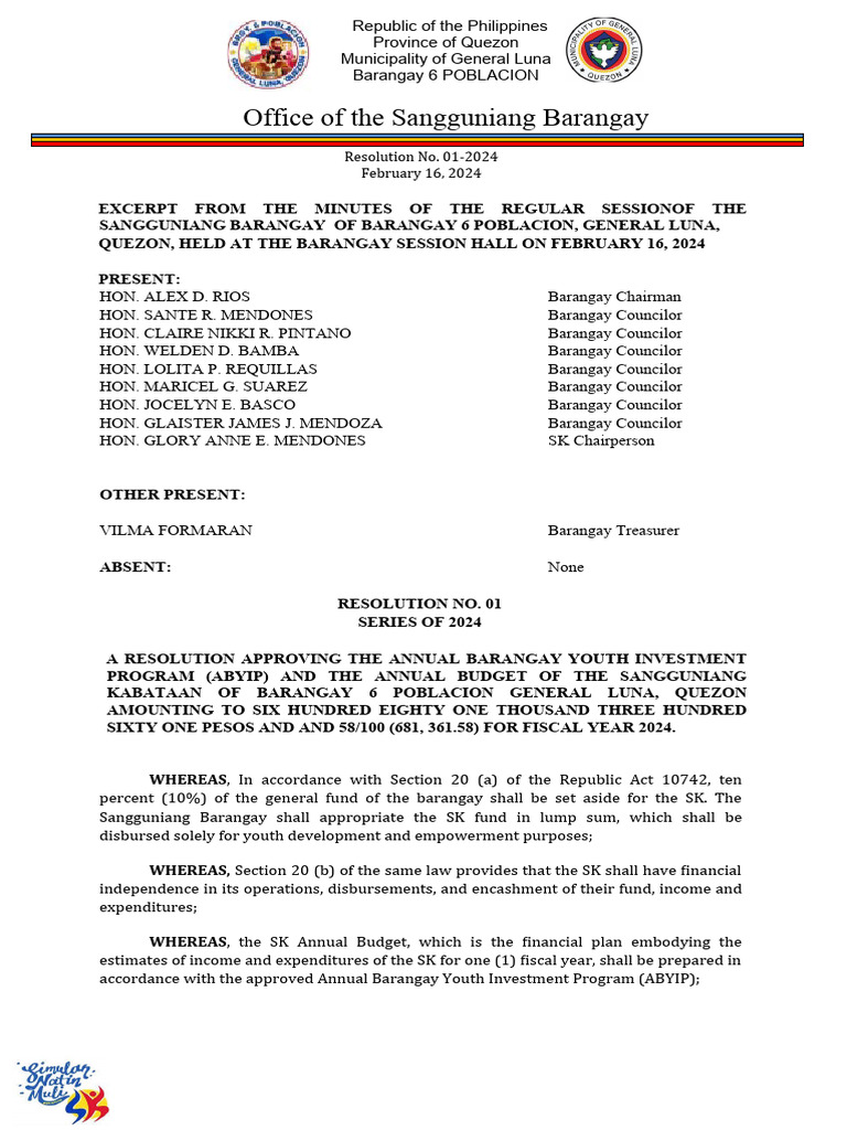 Barangay Resolution Approving SK Annual Budget | PDF | Government