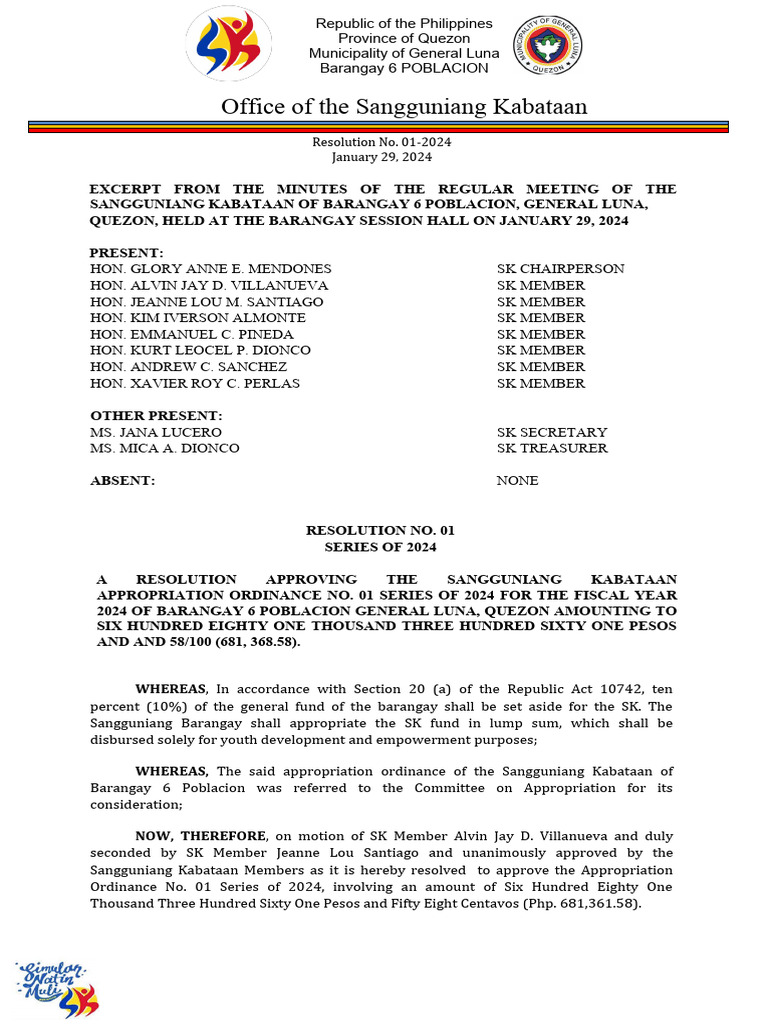 SK Resolution Approving The Appropriation Ordinance | PDF