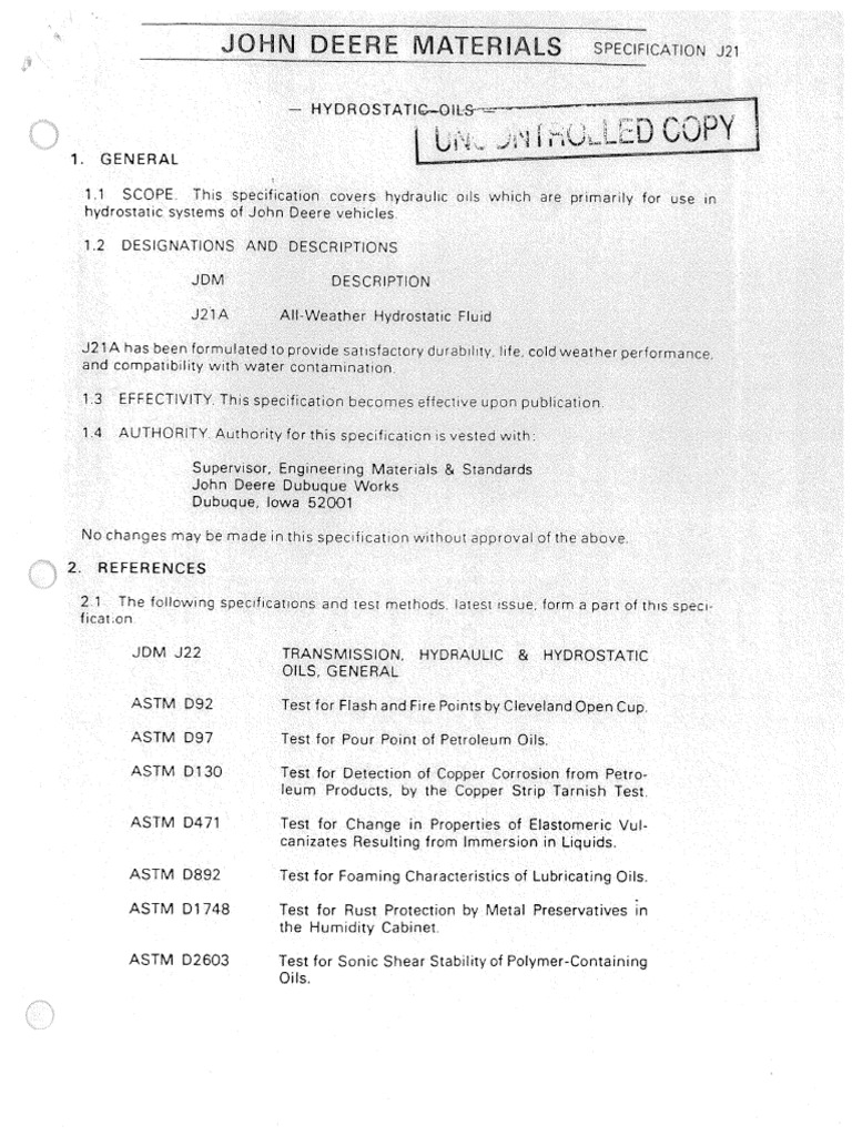 John Deere J21A Hydrostatic Oil Spec | PDF