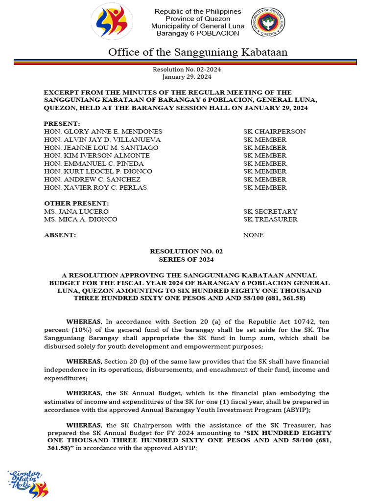 SK Resolution Approving SK Annual Budget | PDF