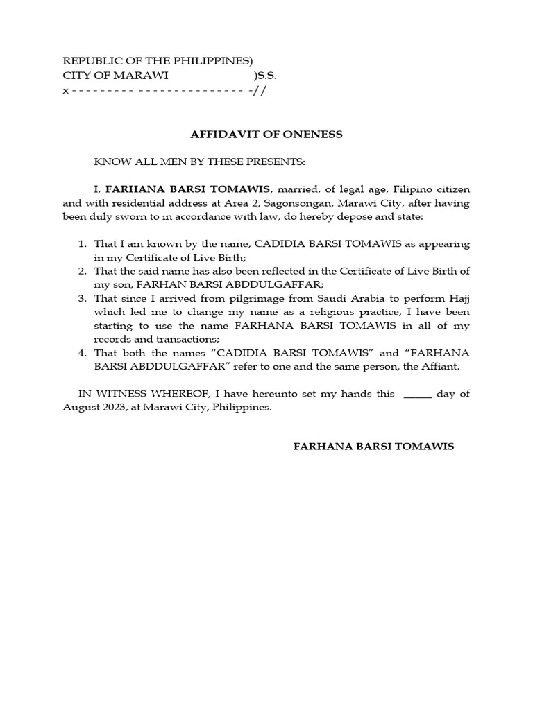 Affidavit of Oneness | PDF