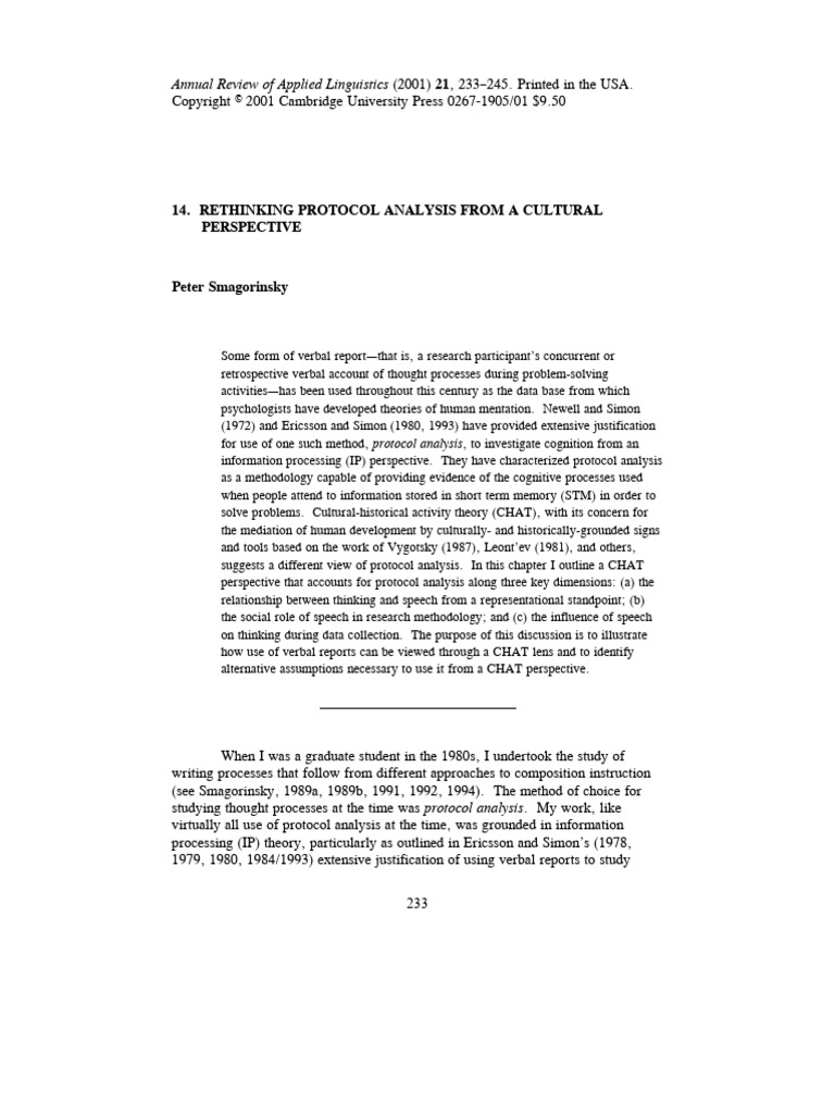 Rethinking Protocol Analysis From A Cultural Perspective | PDF | Thought | Cognition