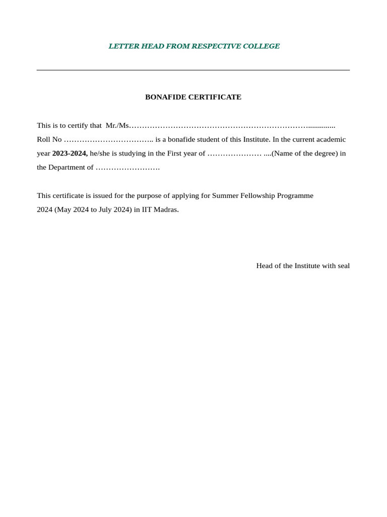 Bonafide Certificate for Summer Fellowship | PDF | Business