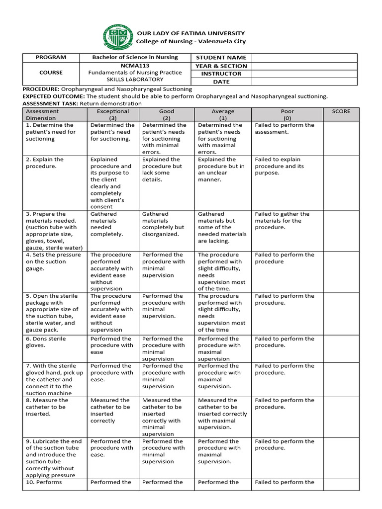 Oropharyngeal and Nasopharyngeal Suctioning (RUBRICS) | Download Free ...