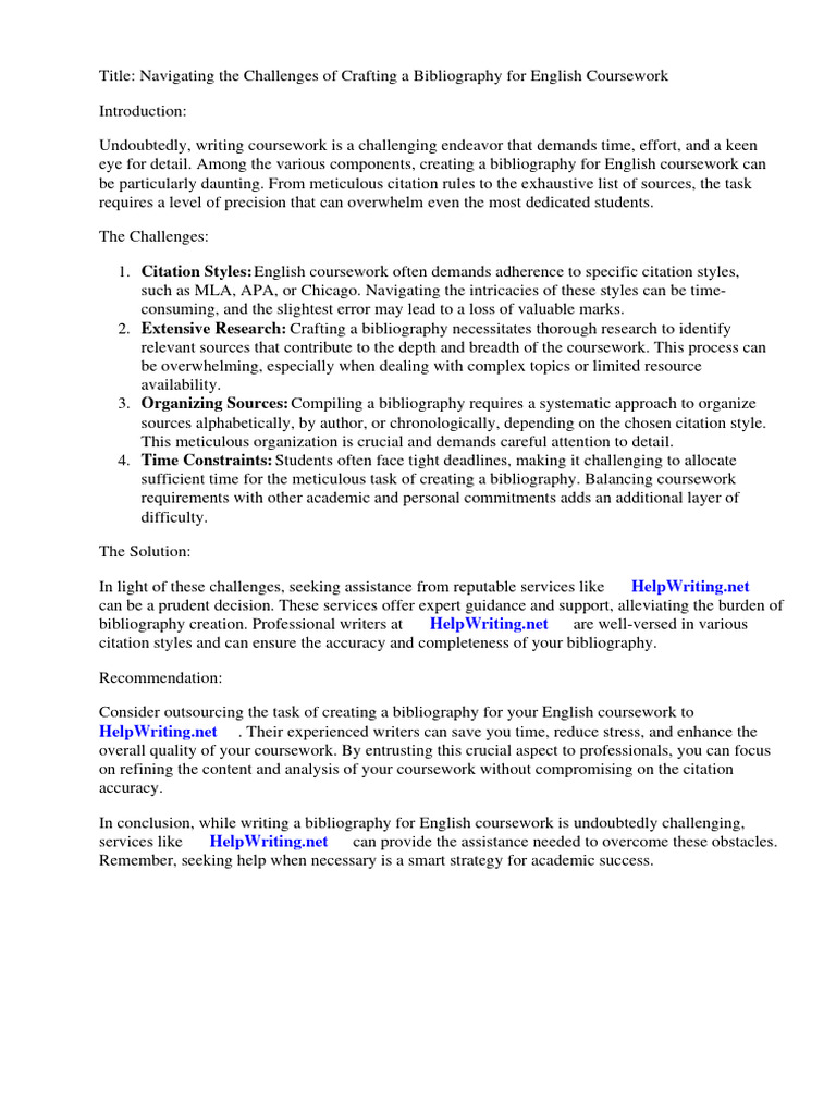 How To Write A Bibliography For English Coursework | Download Free PDF ...