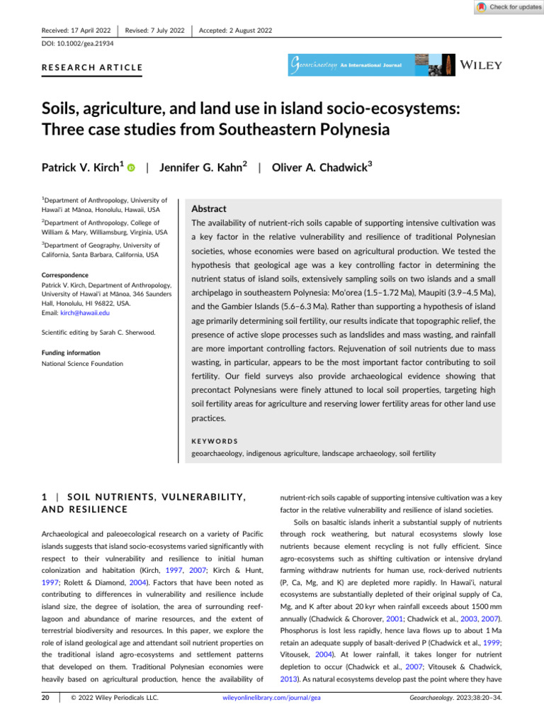 Geoarchaeology - 2022 - Kirch - Soils Agriculture and Land Use in Island Socio Ecosystems Three ...