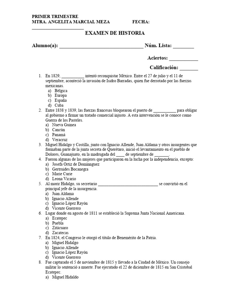 Examen Historia Independencia México | PDF | America latina ...