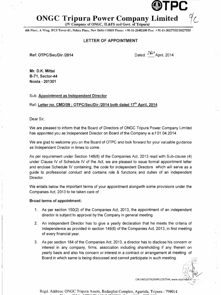 Appointment Letter of Mr. D.K.Mittal | Download Free PDF | Business ...